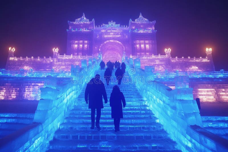 People Walking Up Glowing Steps Towards a Stunning Ice Castle Stock ...