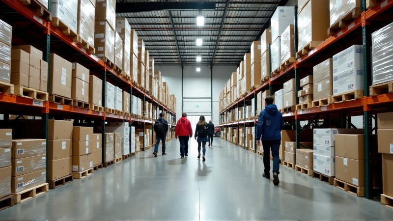 People Walking through Warehouse Aisles. Stock Illustration ...