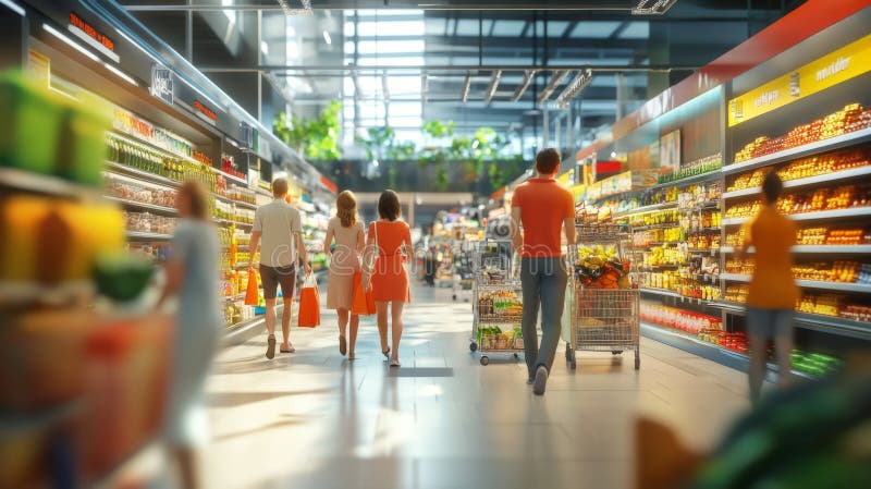 People Walking through a Well-Stocked Grocery Store Stock Illustration ...