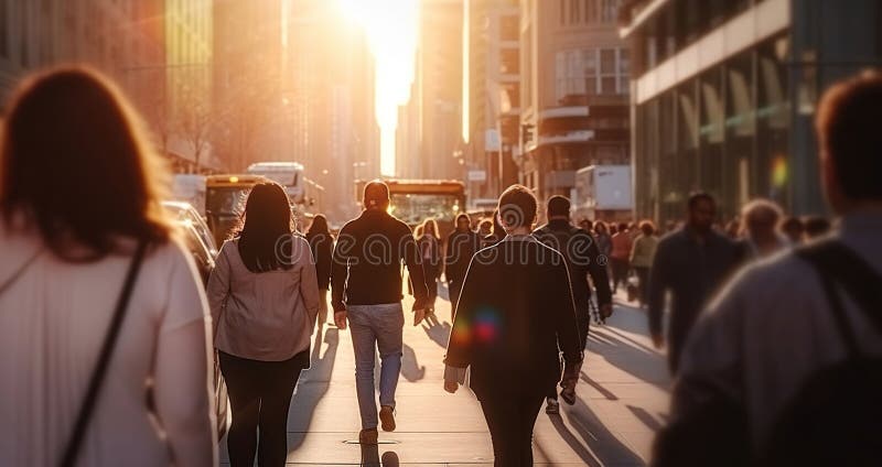 People Walking from the Work at the Street in City at Sunset Time ...