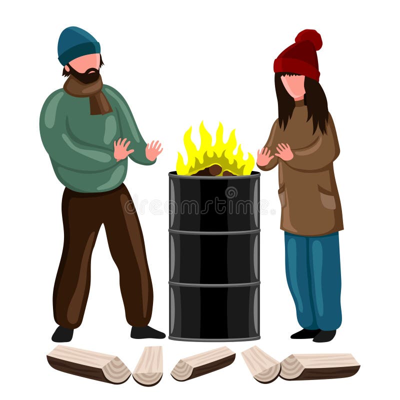 People Warm Themselves by a Barrel of Fire. Stock Vector - Illustration ...