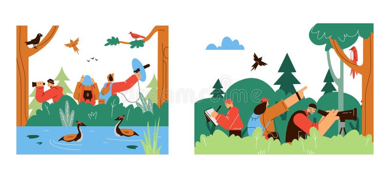 People Watching Birds in the Forest, Set of Landscapes - Flat Vector ...