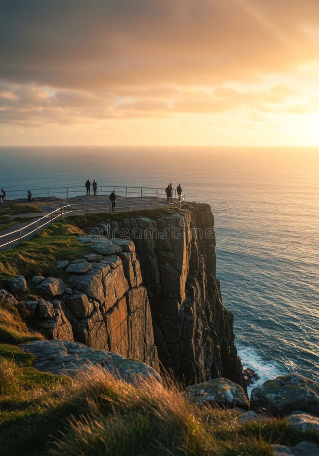People Watching Sunset Over Dramatic Ocean Cliff Stock Illustration ...