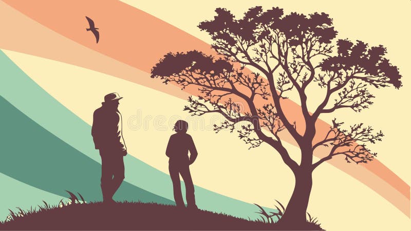 People Watching Sunset by Tree, Scenic Evening View Vector Design ...