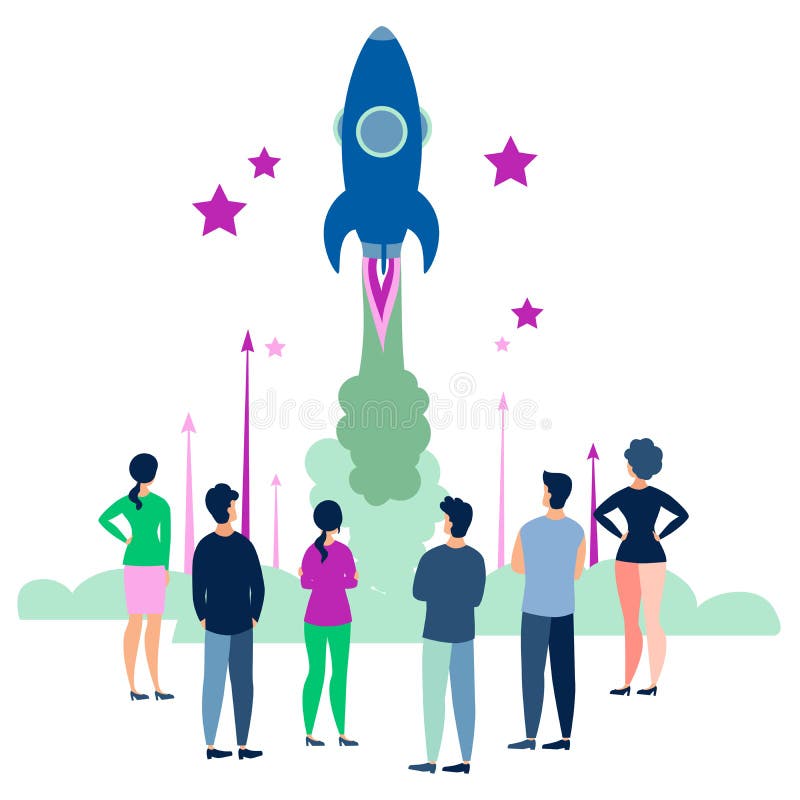 People are Watching the Take Off of a Space Rocket. Flat in Minimalist ...