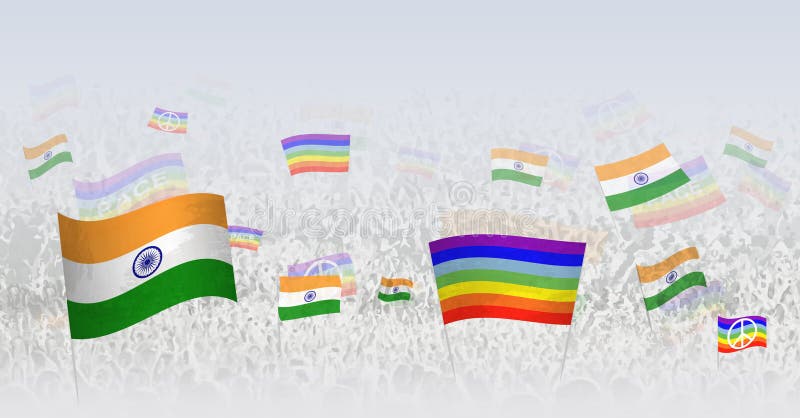 People Waving Peace Flags and Flags of India. Illustration of Throng ...
