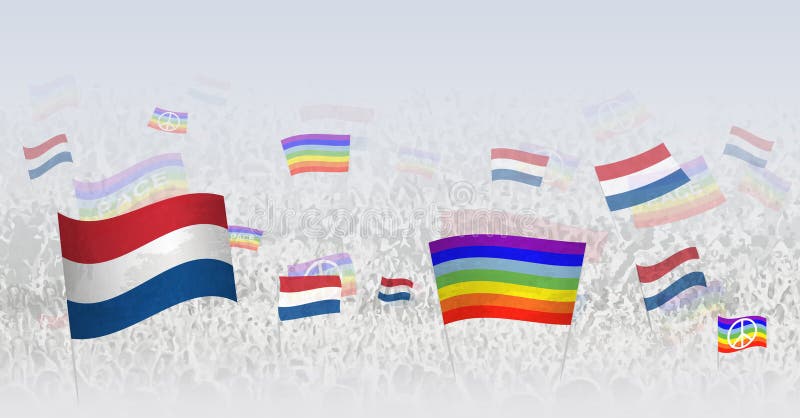 People Waving Peace Flags and Flags of Netherlands. Illustration of ...