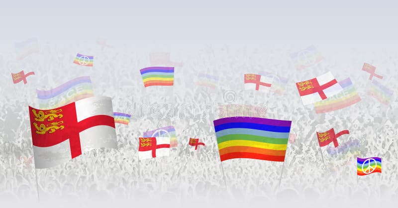 People Waving Peace Flags and Flags of Sark. Illustration of Throng ...