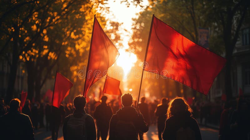 People Waving Red Flags at Open Air Rally during Sunset Stock ...