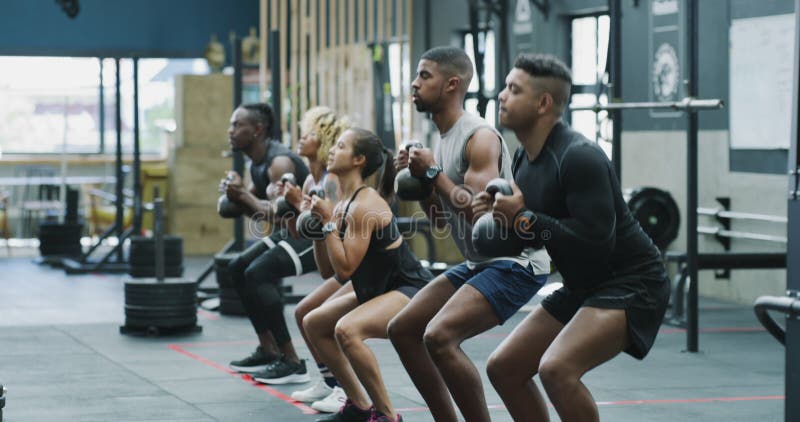 People, Kettlebell and Exercise Workout in Gym for Health Training ...