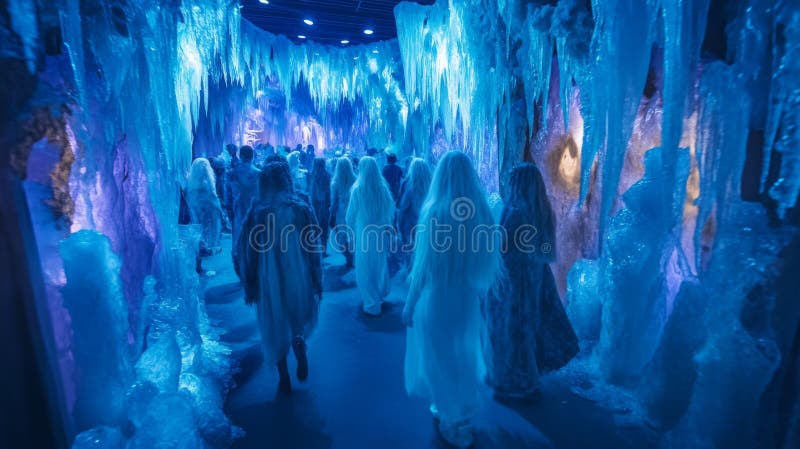 People in White Robes Walking through an Ice Cave Stock Illustration ...