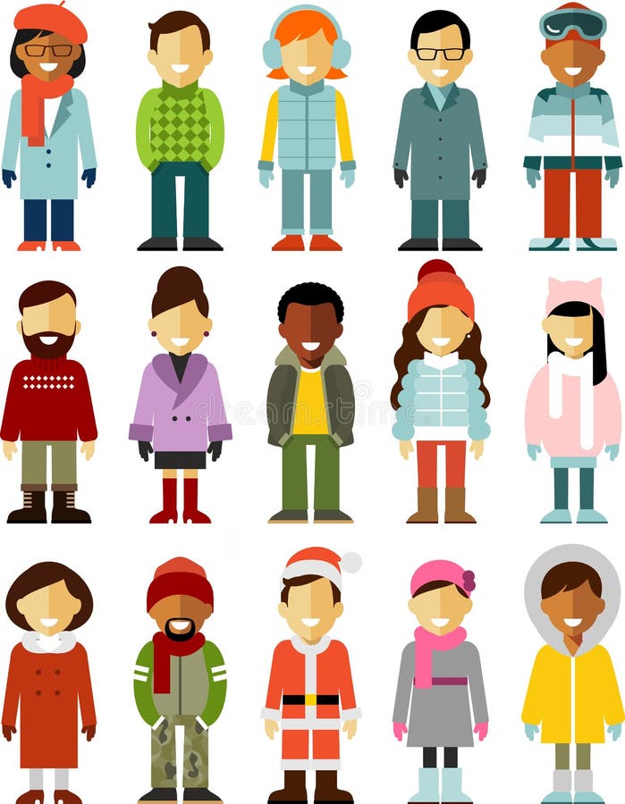 People Winter Characters Stand Set in Flat Style Stock Vector ...