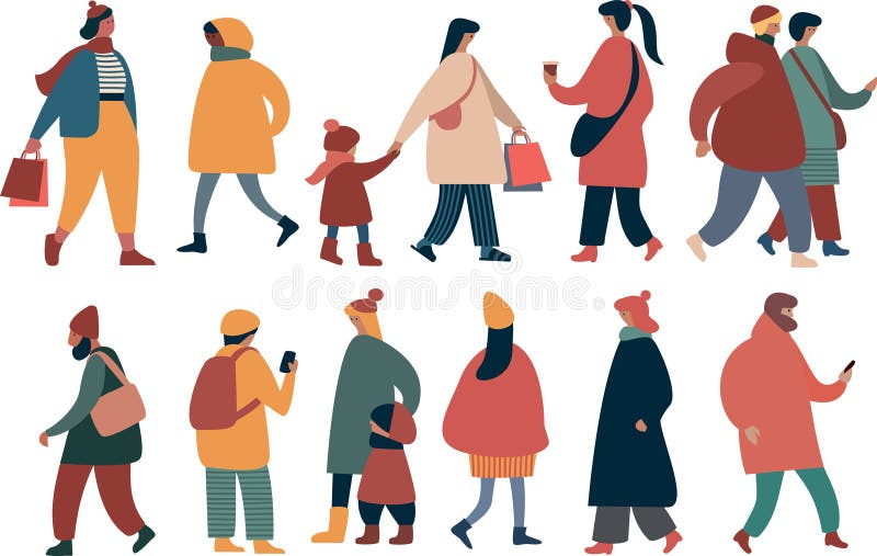 People in Winter Outwear Walking Flat Vector Illustration Set. Simple ...