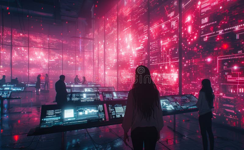 People Work in Data Center with Large Screens and Advanced Equipment ...