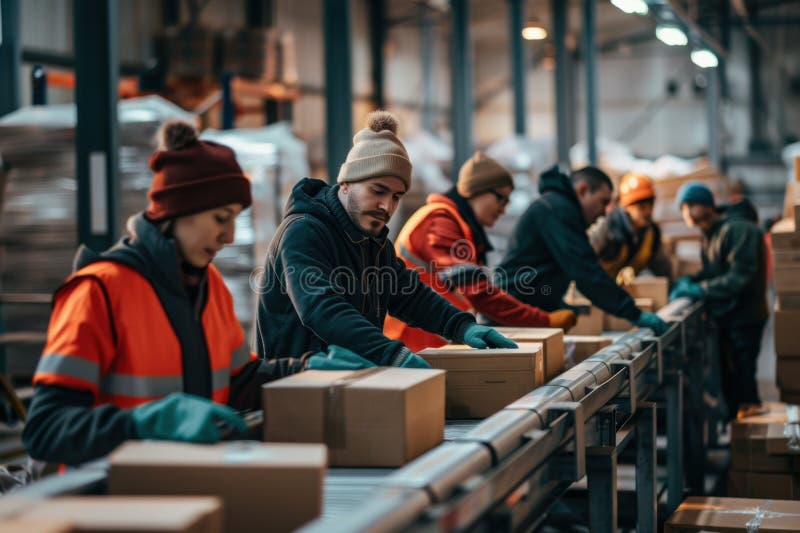 People Work in a Distribution Warehouse Sorting Boxes on a Conveyor ...