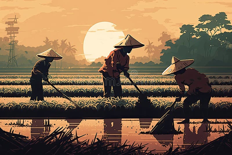 People Work Farm Rice Fields in Asia, Illustration Generated by AI ...