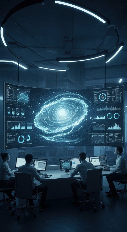 People Work in a Futuristic Control Room with Glowing Displays and ...
