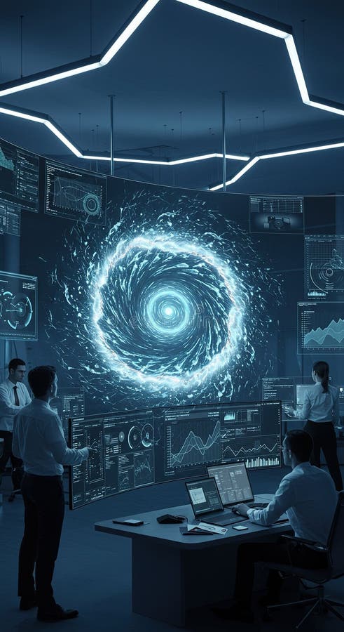 People Work in a Futuristic Control Room with a Large Glowing Circular ...
