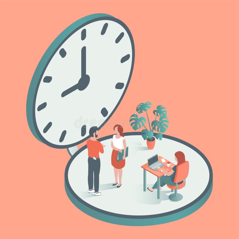 People Work in the Office Against the Background of a Clock Stock ...