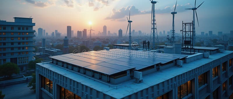 People Work on a Rooftop Adorned with Solar Panels As the Sun Sets ...
