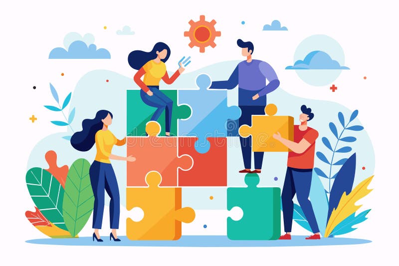 People Work Together, Assembling Colorful Puzzle Pieces in a Vibrant ...