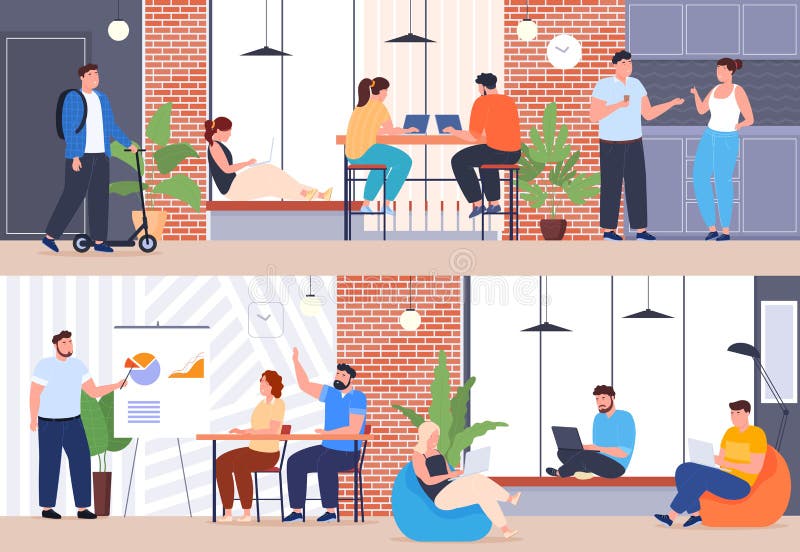 People Work Together in a Coworking Center. People Communicate, Work ...