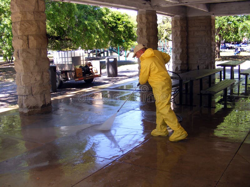 People Workers Man Cleaning Sidewalk Using Power Sprayer Editorial ...