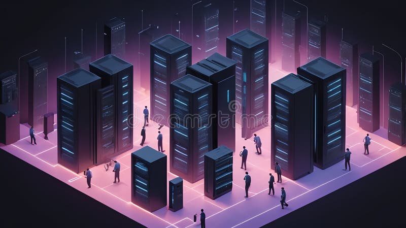 People Working Around Network Servers in Digital City Stock ...