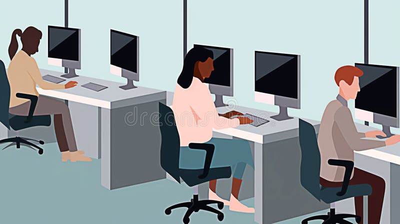 People Working on Computers in the Office. Watercolor Illustration in ...