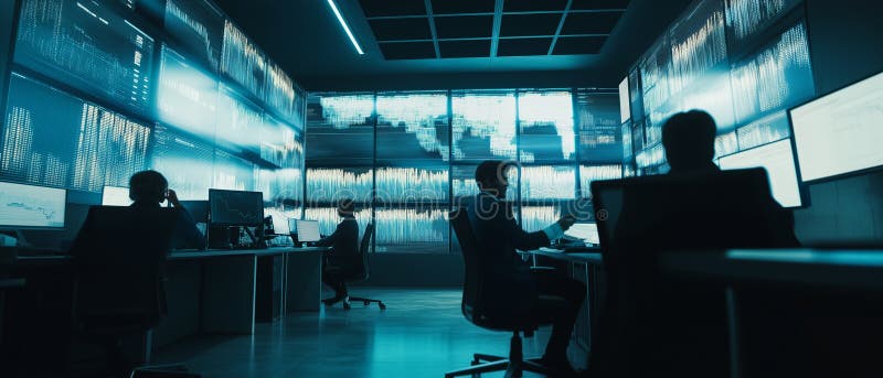 People Working in a Dark Control Room with Many Computer Screens ...