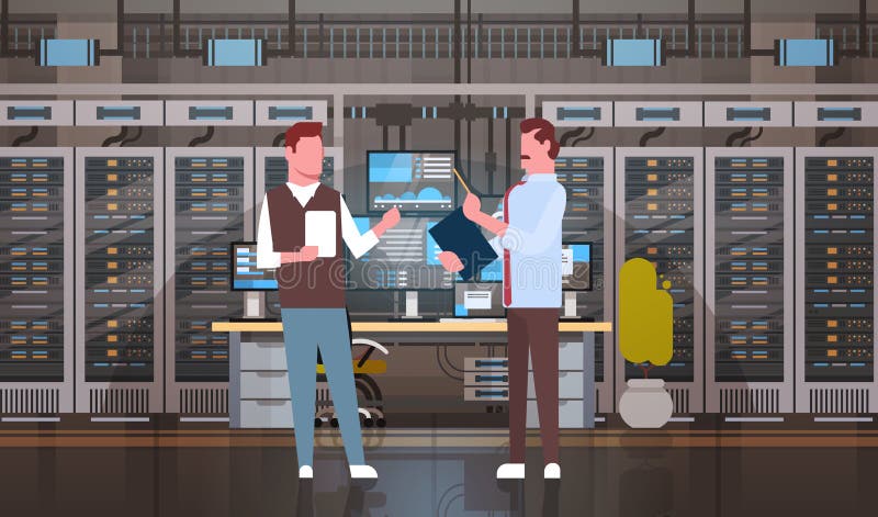 Man Working Data Center Technical Room Hosting Server Database Stock Vector Illustration Of