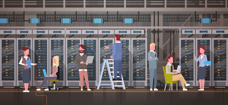 People Working In Data Center Room Hosting Server Computer Monitoring Information Database Stock