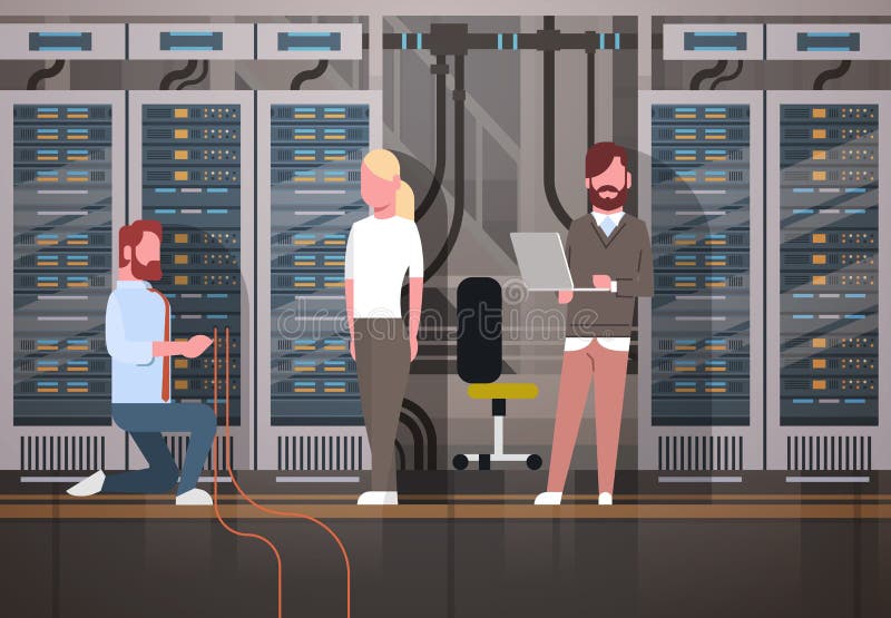 People Working in Data Center Room Hosting Server Computer Monitoring ...