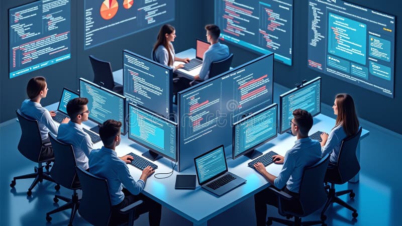 People Working at Desks with Computer Monitors Displaying Code Stock Illustration - Illustration ...