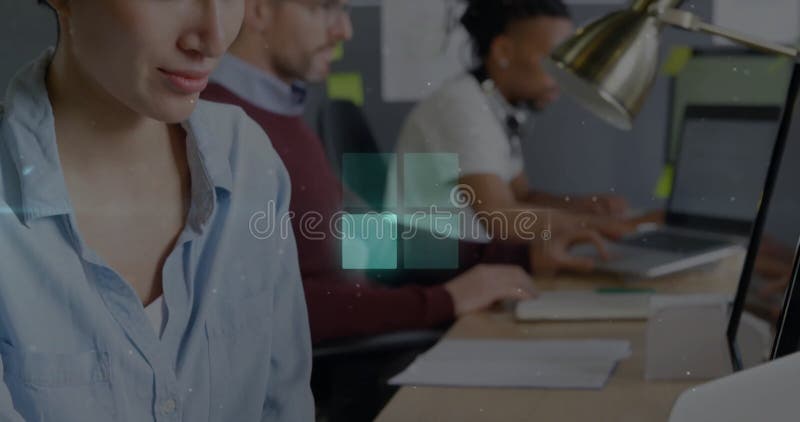 People Working at Desks with Digital Data Processing Animation Overlay ...