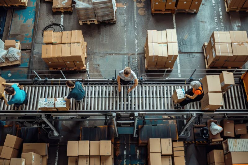 People Working in a Distribution Warehouse, Sorting Boxes on a Conveyor ...
