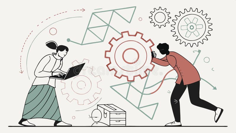 People Working with Gears, Teamwork and Mechanical Process Illustration ...
