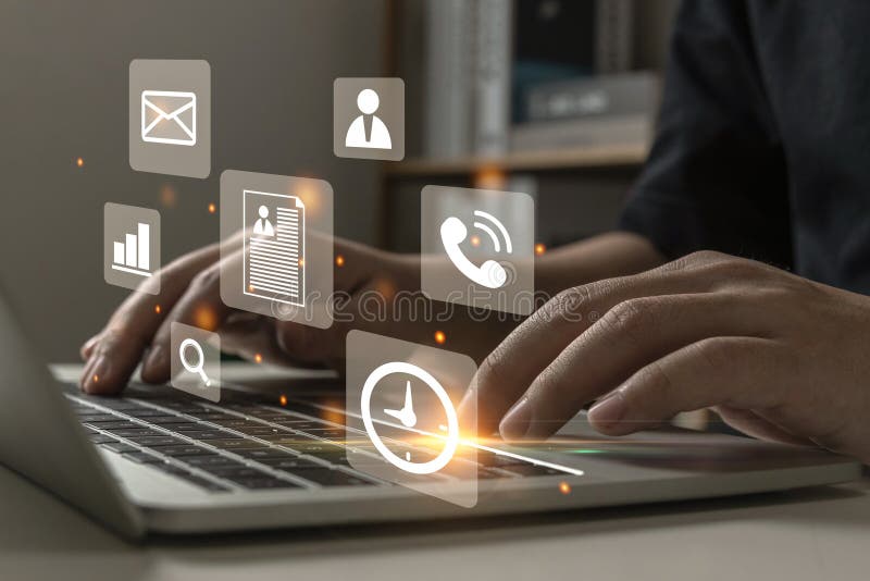 People Working on Laptop Computer with Virtual Graphic Document Report ...