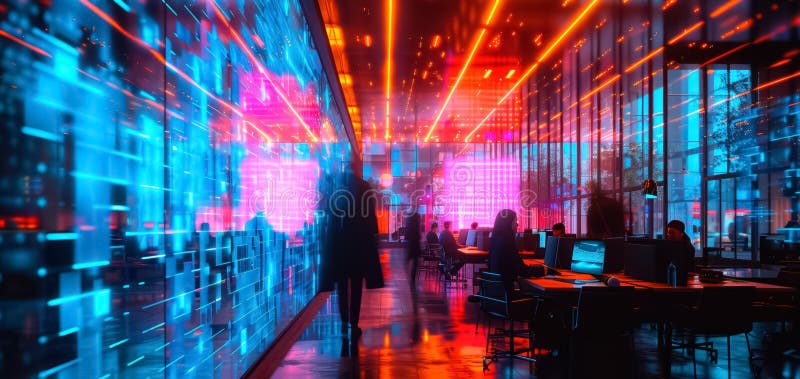 People Working in Modern Neon Cyberpunk Open Space Office Stock ...