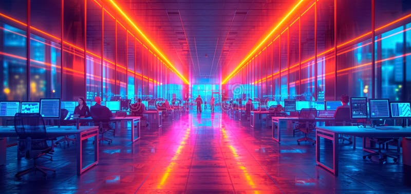 People Working in Modern Neon Cyberpunk Open Space Office Stock ...