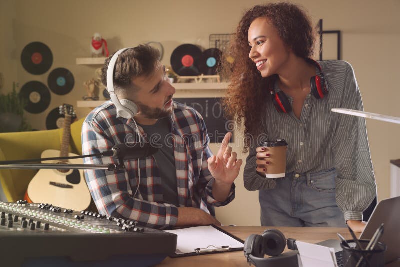 People Working in Modern Radio Studio with Professional Equipment Stock ...