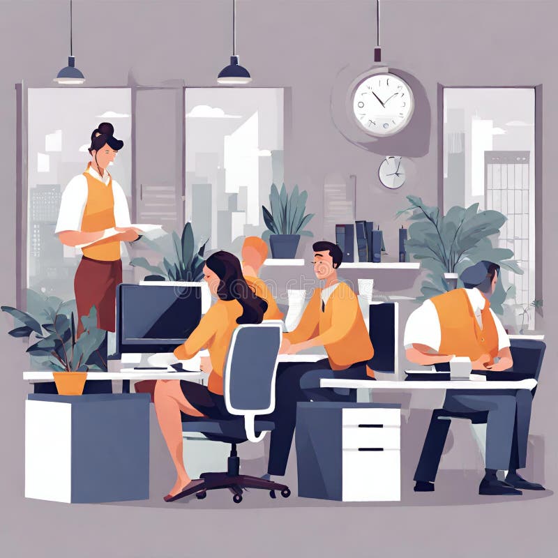 Illustration of People Working in the Office with a Computer Stock ...