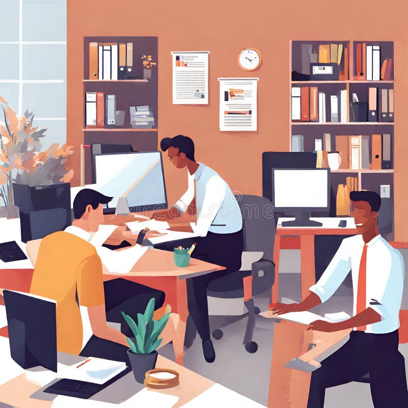 Illustration of People Working in the Office with a Computer Stock ...