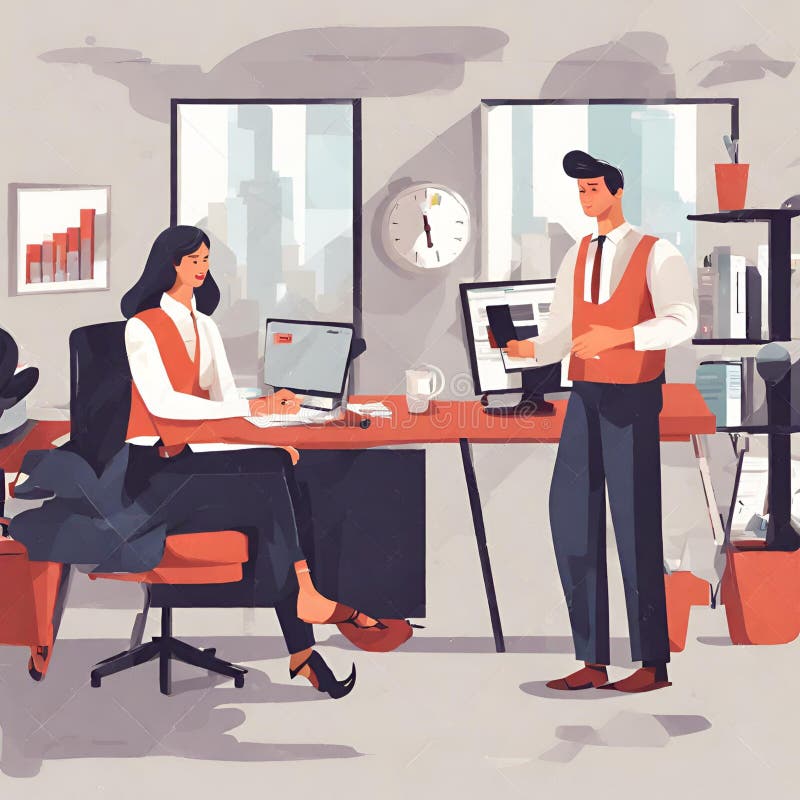 Illustration of People Working in the Office with a Computer Stock ...