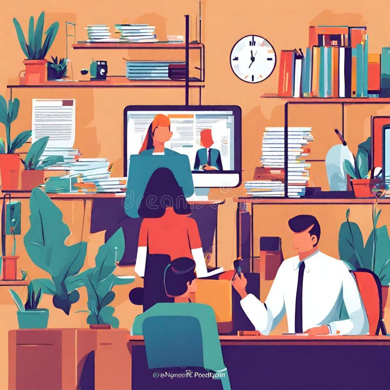 Illustration of People Working in the Office with a Computer Stock ...