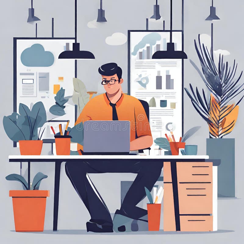 Illustration of People Working in the Office with a Computer Stock ...