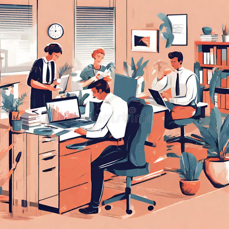 Illustration of People Working in the Office with a Computer Stock ...