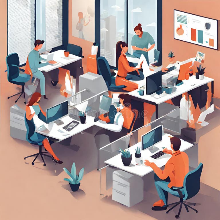 Illustration of People Working in the Office with a Computer Stock ...