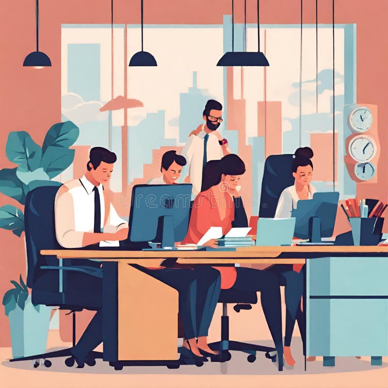 Illustration of People Working in the Office with a Computer Stock ...