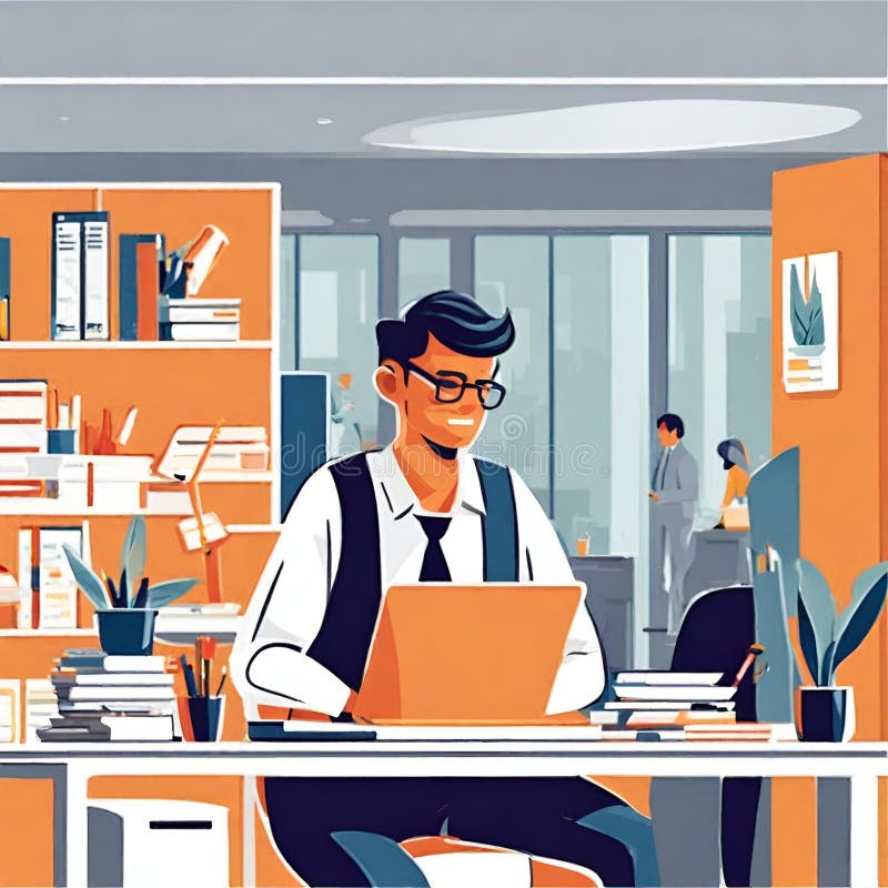 Illustration of People Working in the Office with a Computer Stock ...